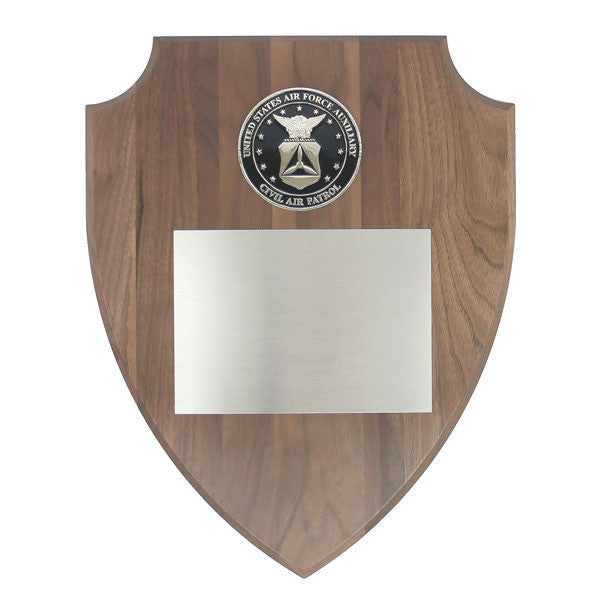 CAP engraving plate Shield Shaped Walnut, Metal Seal Plaque